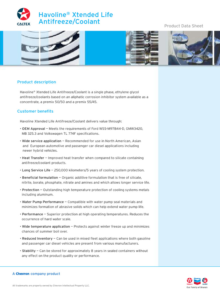 Havoline Xtended Life Antifreeze Coolant PDS | PDF | Chemistry ...