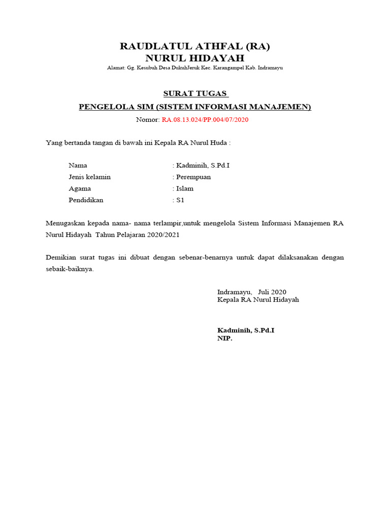SURAT TUGAS Pengelola SIM | PDF