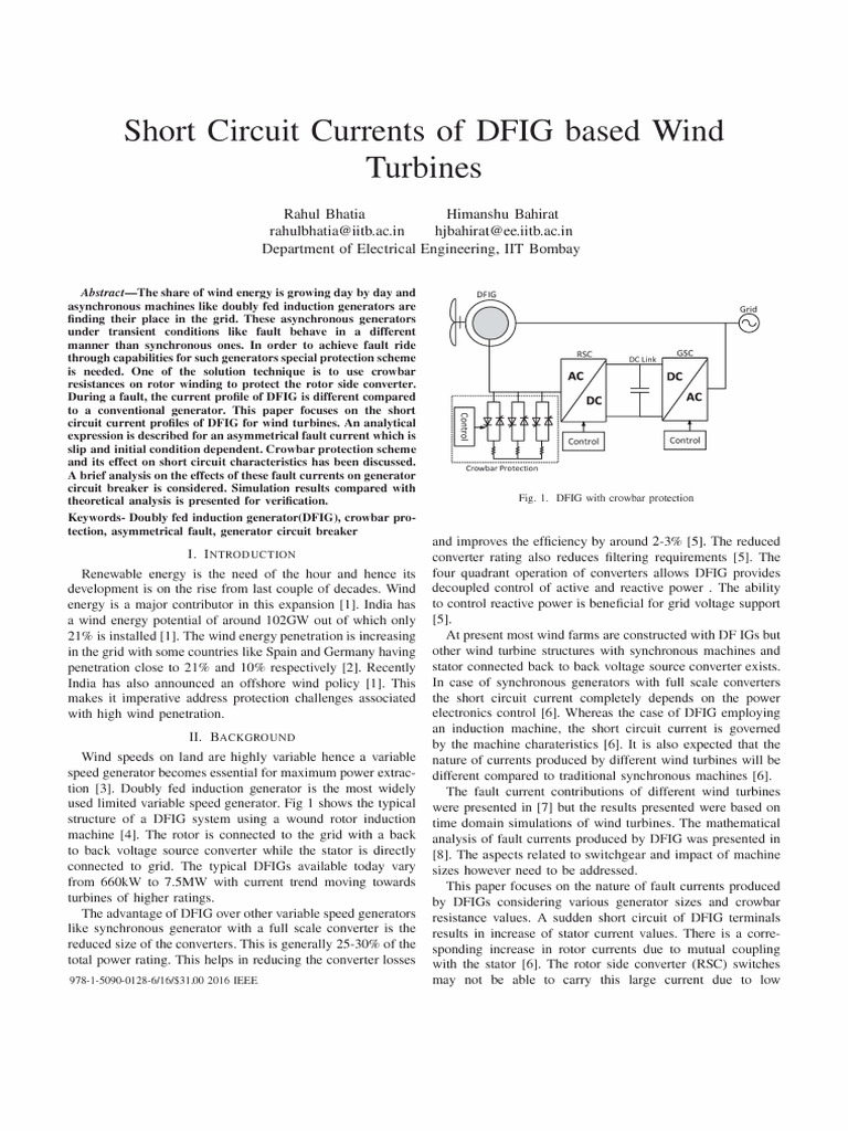 Short Circuit Currents of DFIG Based Wind Turbines - Bhatia2016 | PDF ...