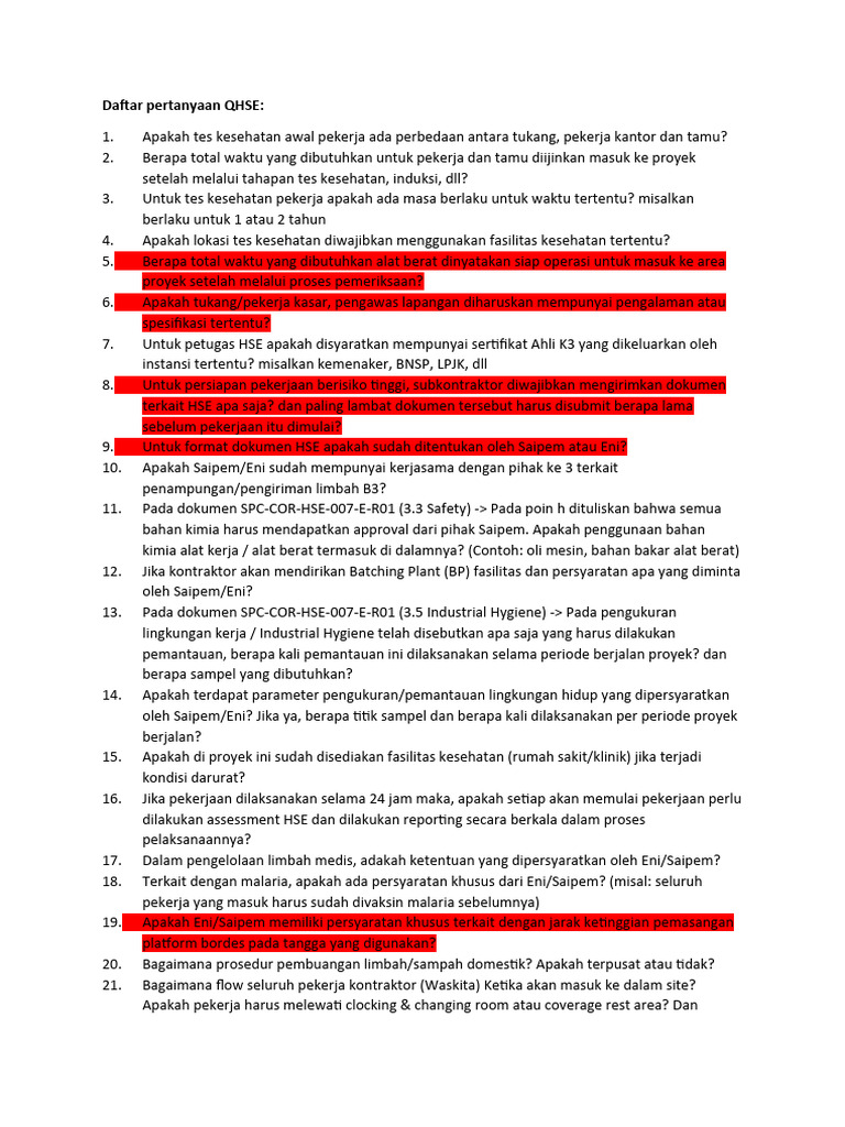 Daftar Pertanyaan QHSE ENI-SAIPEM | PDF