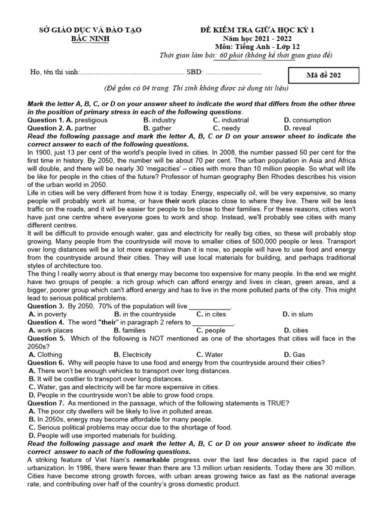 MÃ ĐỀ 202 | PDF | Urbanization | Vietnam