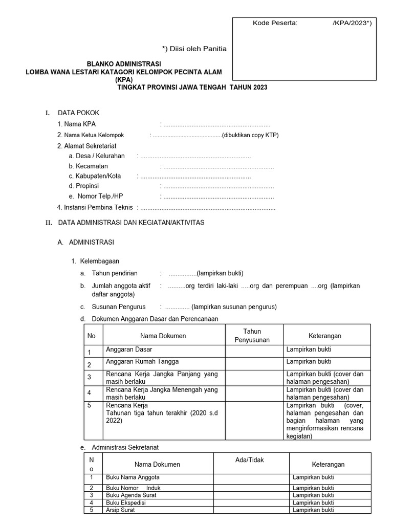 Blanko Isian Administrasi KPA 2023 | PDF
