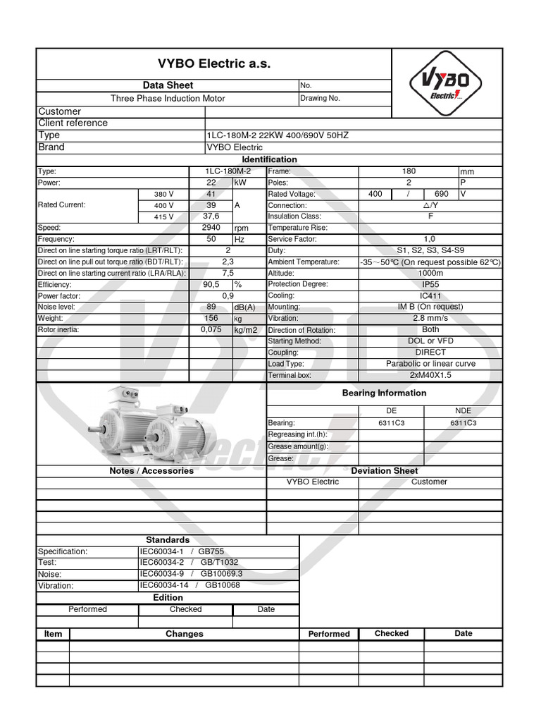 Datasheet Electric Motor 22kw 1LC 180M 2 | PDF | Electric Motor | Metrology