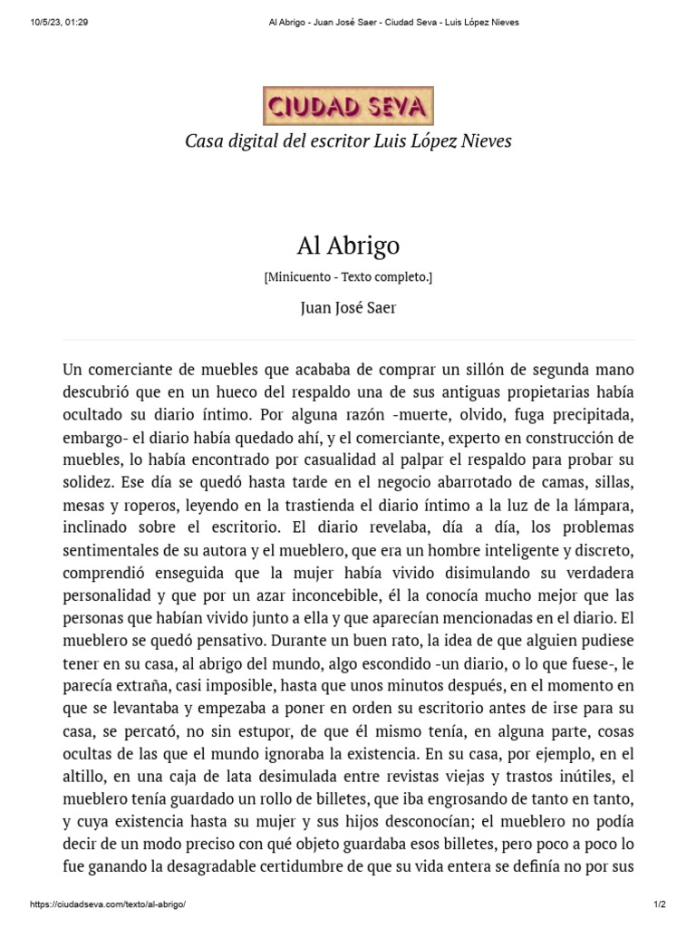 Al Abrigo - Juan José Saer - Ciudad Seva - Luis López Nieves | PDF