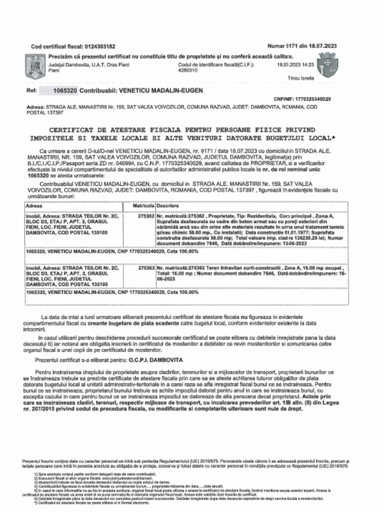 certificat atestare fiscala ap. fieni | PDF