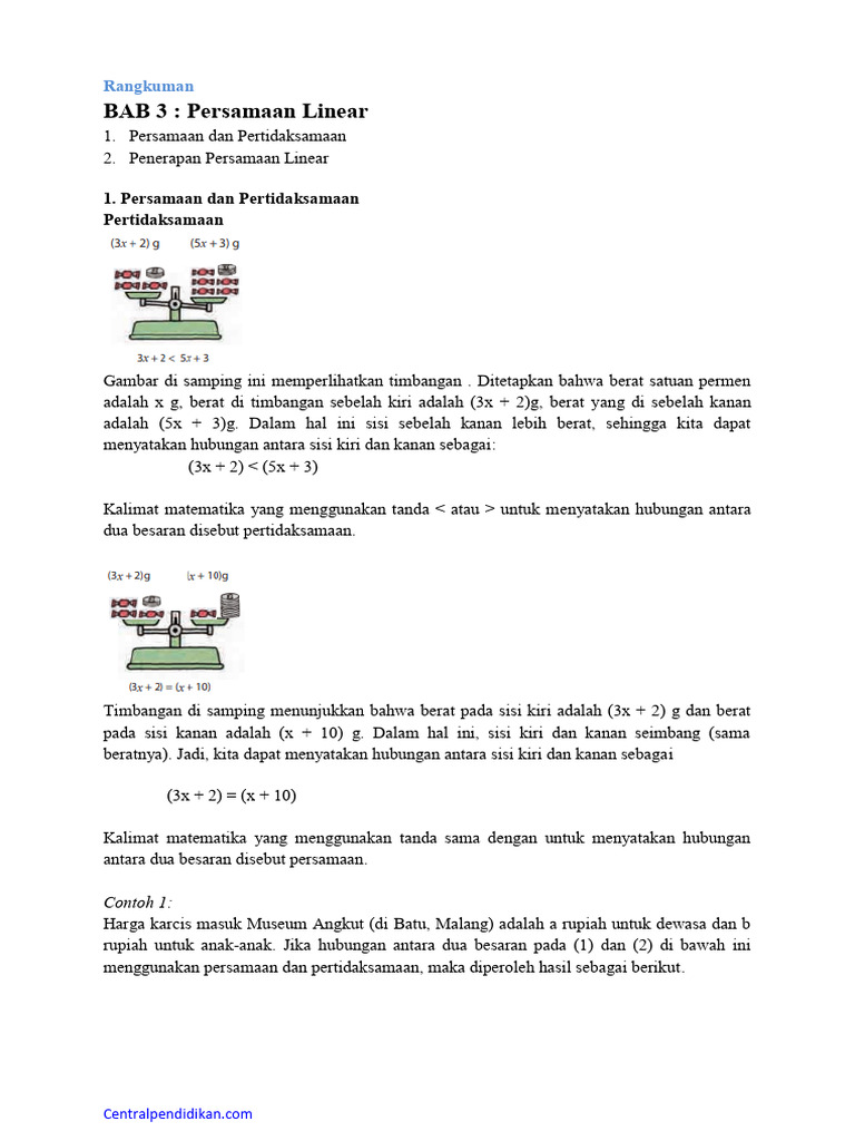 Rangkuman Persamaan Linear Kelas 7 | PDF | Metode & Bahan Ajar