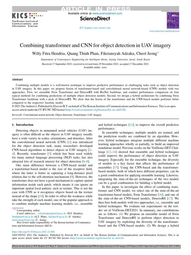 Combining Transformer and CNN For Object Detection in UAV Imagery | PDF | Cybernetics | Computing