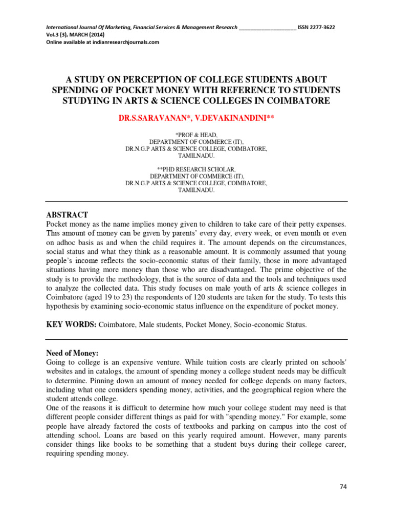 A Study On Perception Of College Student Pdf Money Socioeconomic