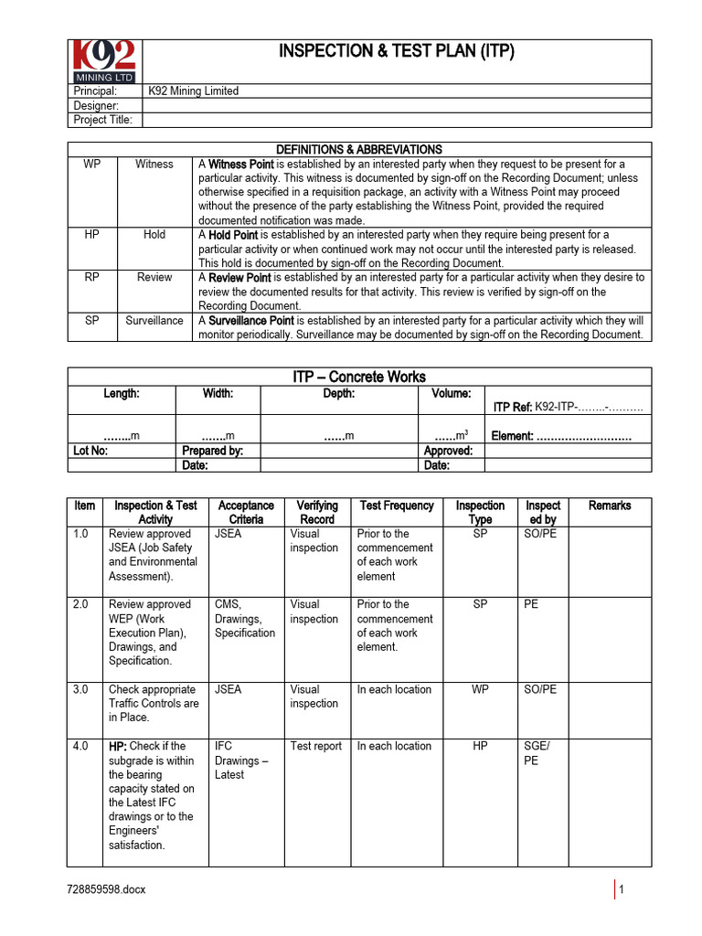 ITP - Concrete Works | PDF | Civil Engineering | Engineering