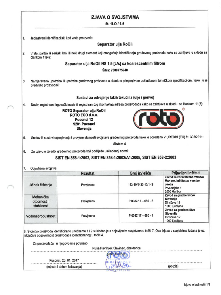 Izjava o Svojstvima RoOil NS 1,5 Sa Koalescentnim Filtrom | PDF
