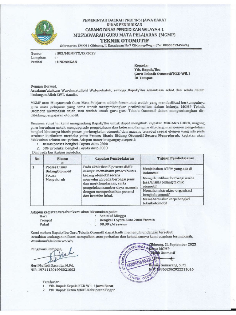 Surat Undangan Kegiatan Magang Guru Mgmp To 001 Pdf