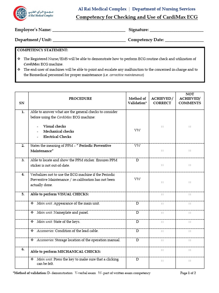 Competency For Checking and Use of CardiMax ECG | PDF | Medical ...