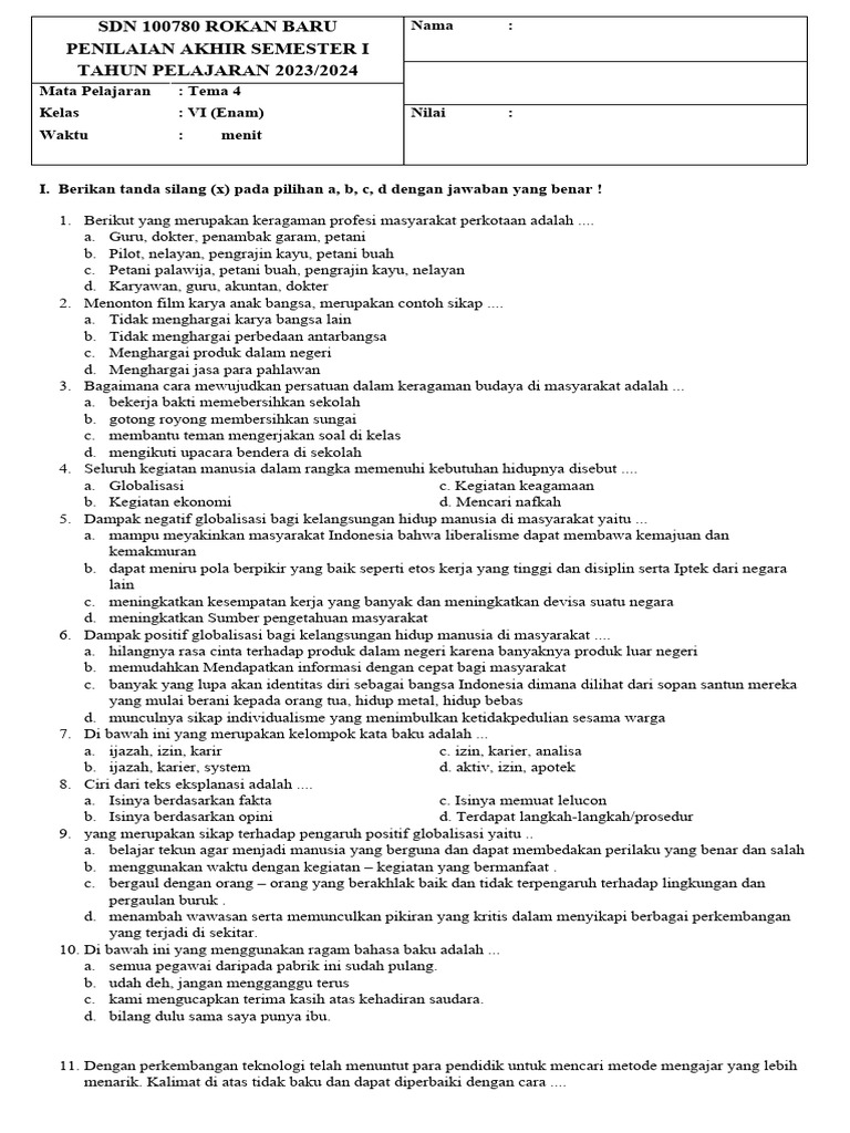 Soal PAS TEMATIK TEMA 4 Edit | PDF