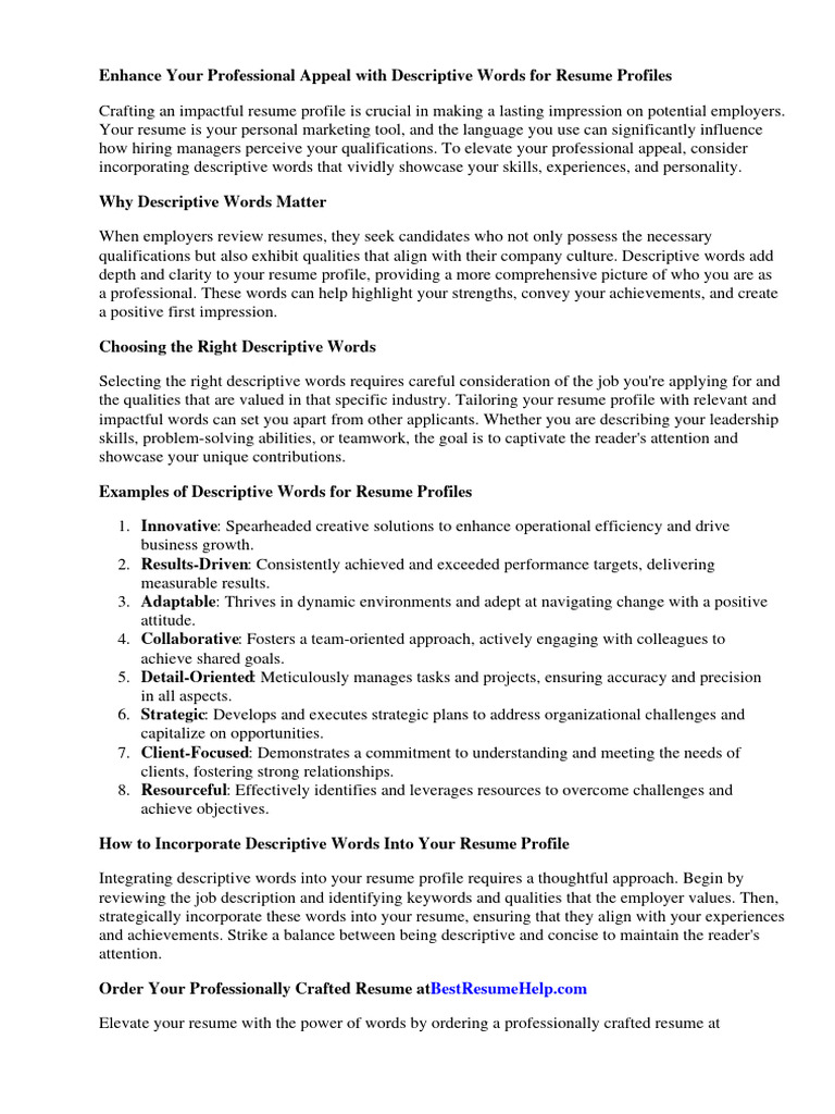 Descriptive Words For Resume Profile | PDF | Résumé | Marketing Strategy