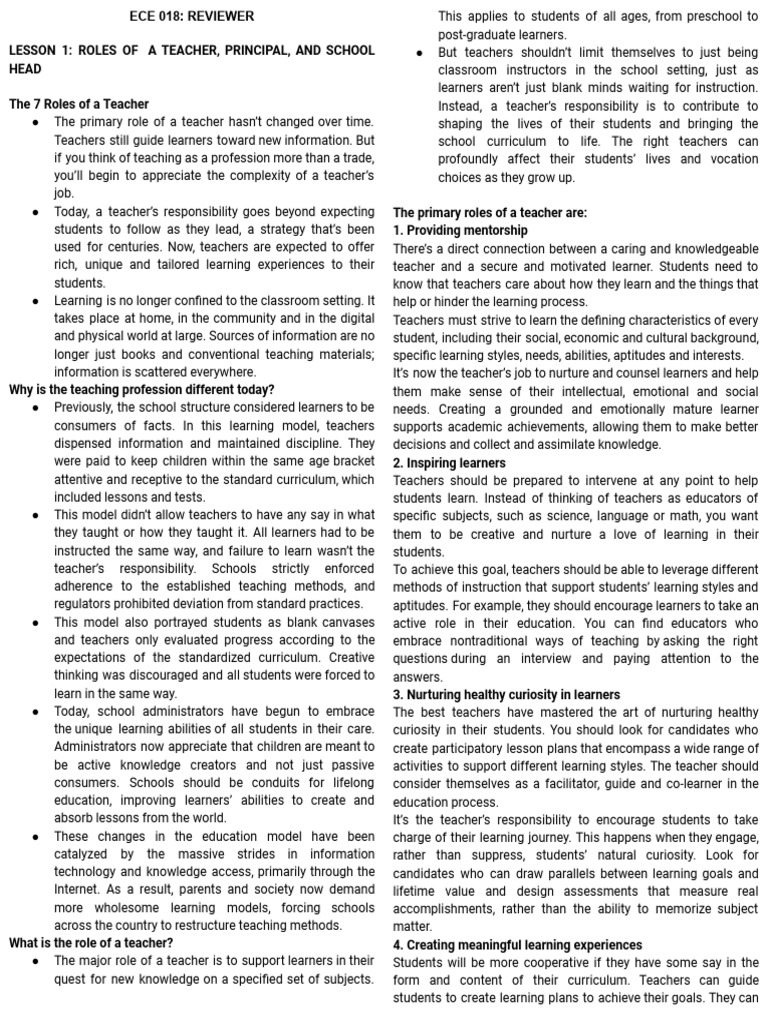 Ece 018 - Reviewer | PDF | Teachers | Learning