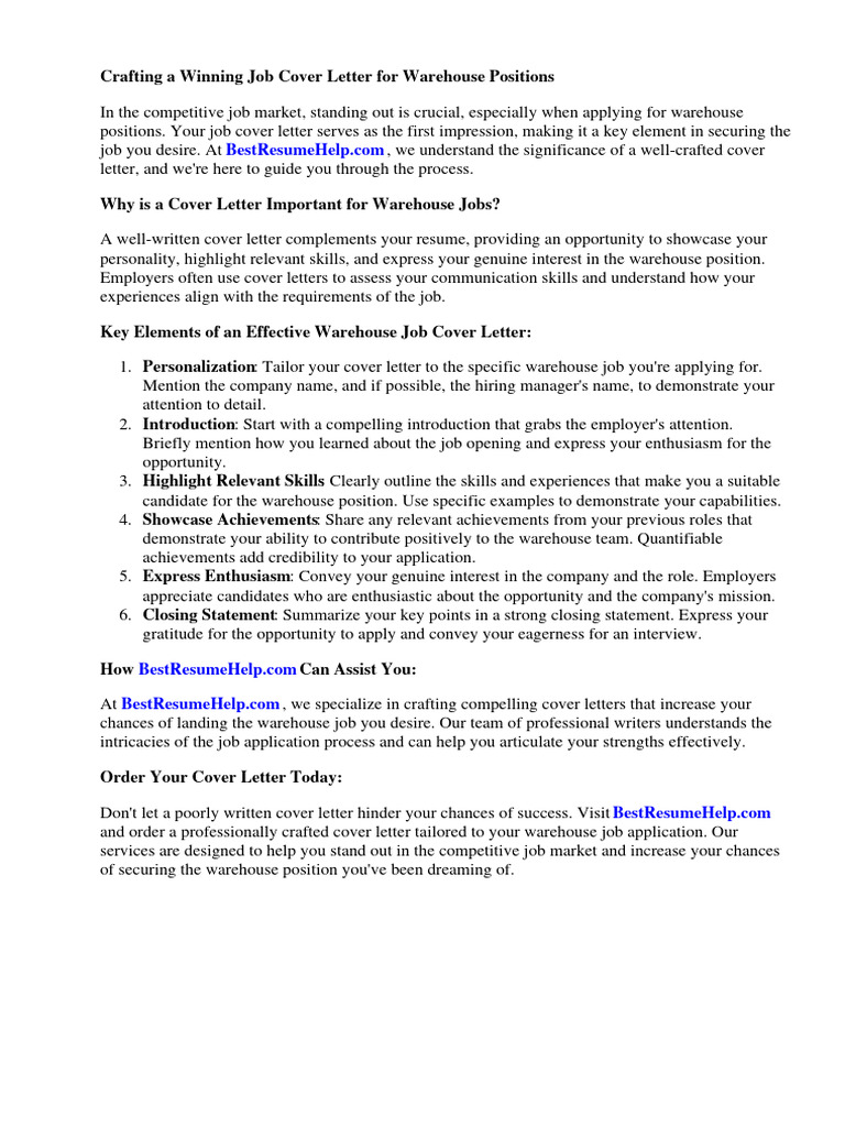 Job Cover Letter Warehouse | PDF | Résumé | Warehouse Job Cover Letter Warehouse | PDF | Résumé | Warehouse