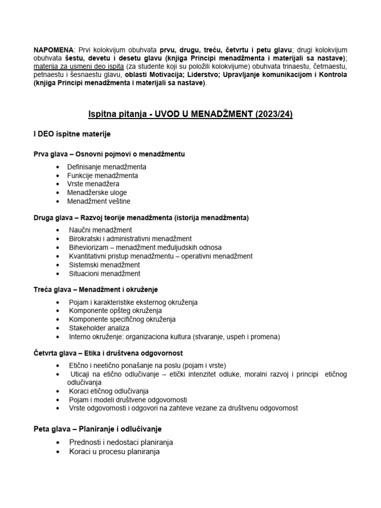 Ispitna Pitanja Uvod U Menadžment | PDF