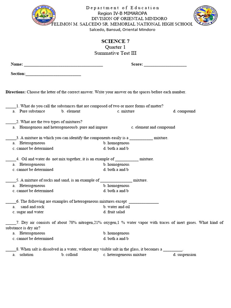 Summative Test 3 Grade 7 W10 Mixtures | PDF | Mixture | Homogeneity And ...
