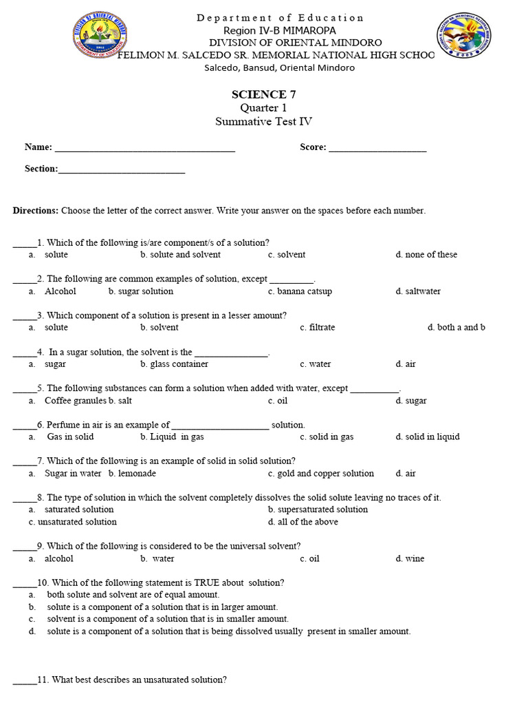 Science 7 Quarter 1 Summative Test Solutions | PDF | Solubility | Ethanol