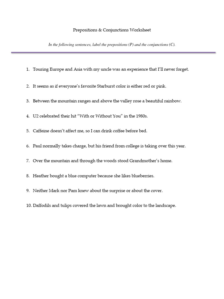 Prepositions With Conjunctions Worksheet | PDF