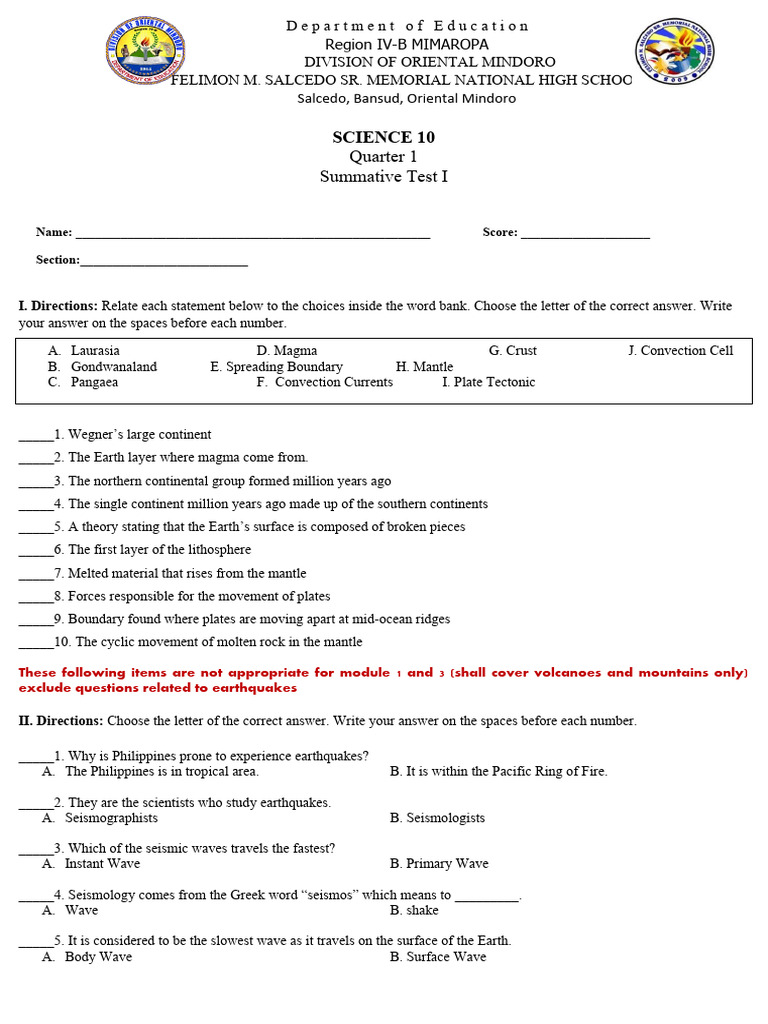 SUMMATIVE TEST 1 Earthquake, Mountains, Few Seismic Waves REVISE, SHALL ...