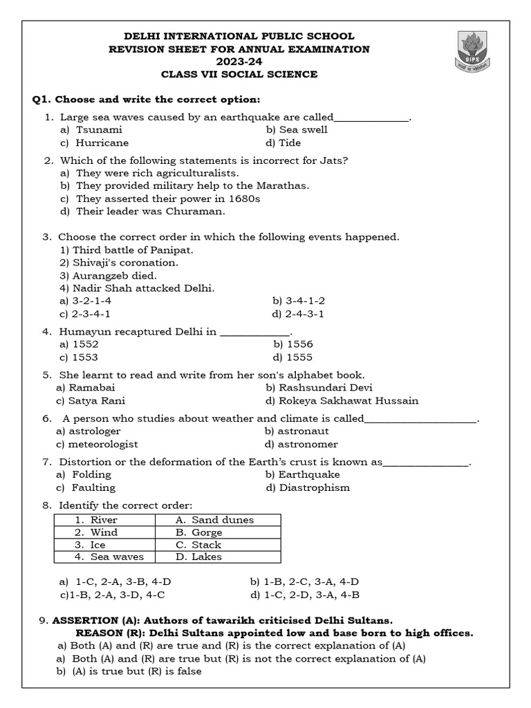 Class 7 Revision Sheet 2023-24 | PDF