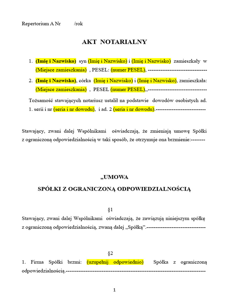 Wzor Umowy Spolka Zoo | PDF