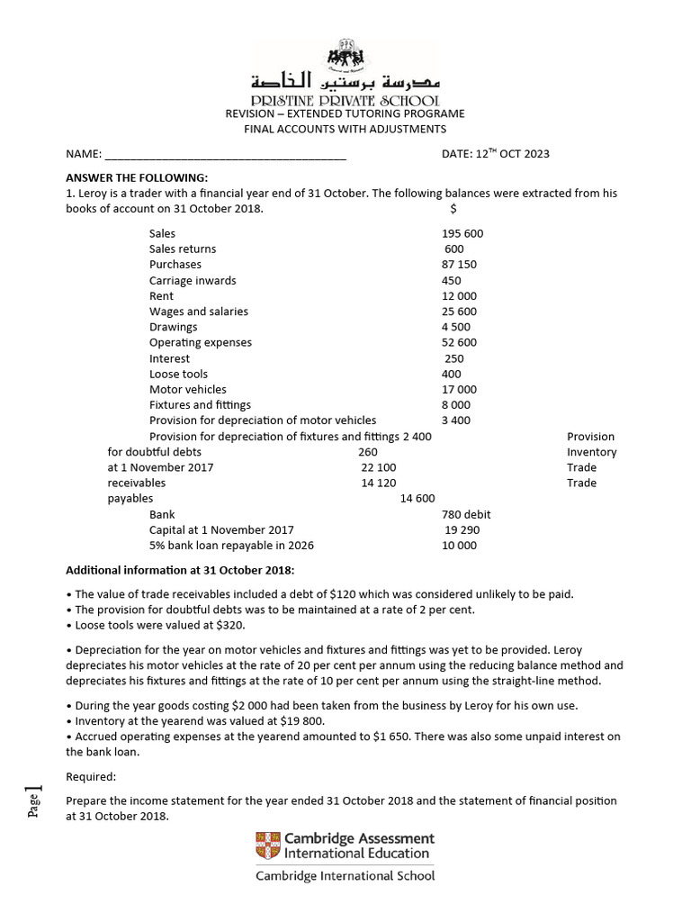 Igcse - Extented Tutoring - 2023 - 2024 - Final Accounts | PDF ...