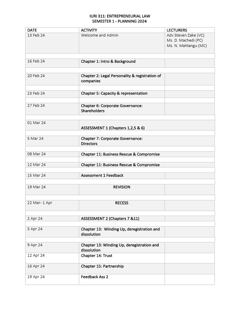 IURI 311: Entrepreneurial Law Schedule | PDF | Finance & Money Management