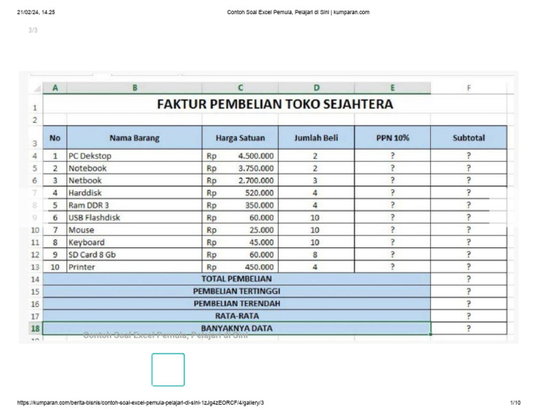 Contoh Soal Excel untuk Pemula | PDF
