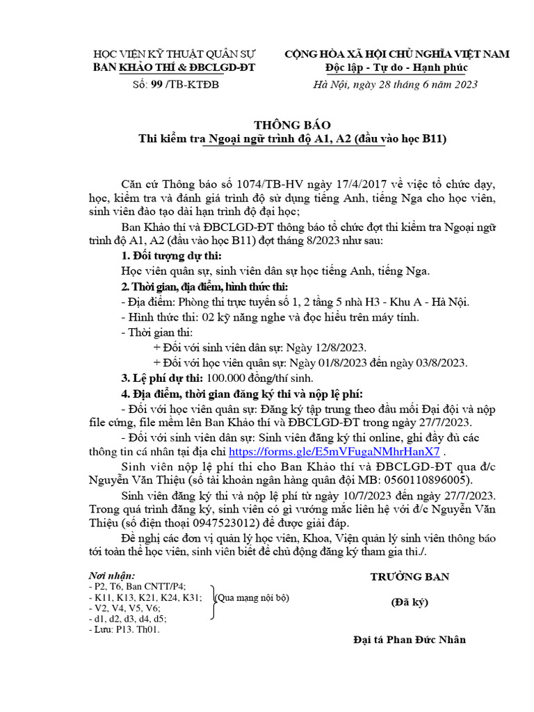 Thông Báo Thi kiểm tra Ngoại ngữ trình độ A1, A2 (đầu vào học B11) | PDF