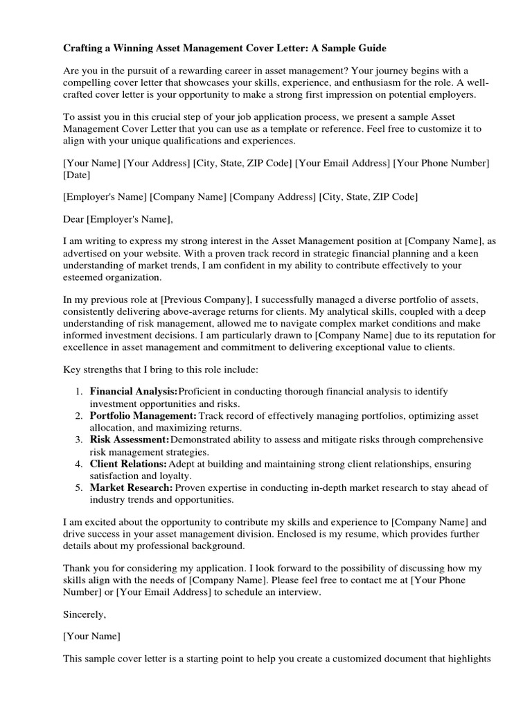 Asset Management Cover Letter Sample | PDF | Investment Management ...
