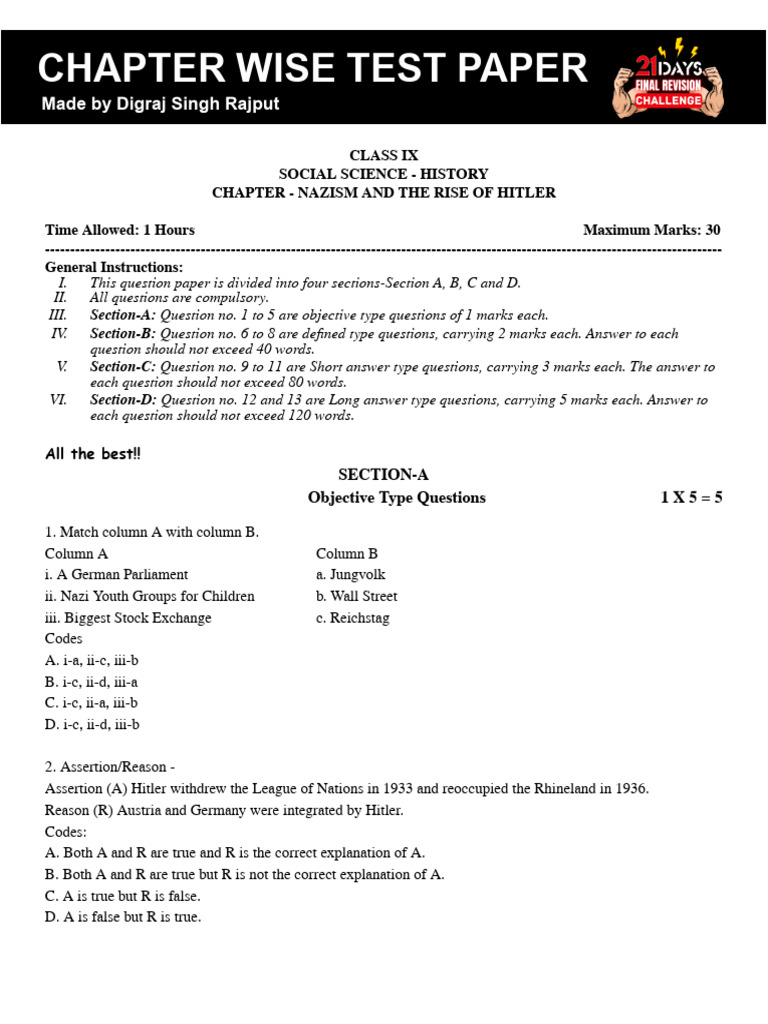Class 9 Test: Nazism & Hitler | PDF | Nazism | Nazi Germany