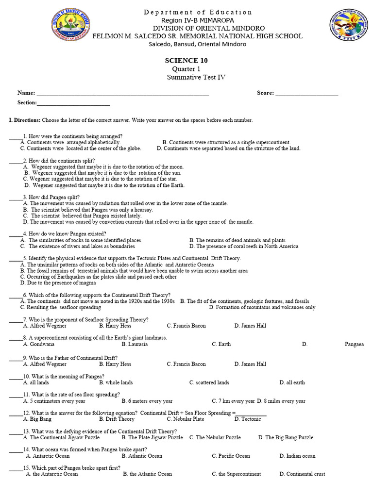 Summative Test 4 Grade 10 Possible Causes and Evidences Module 5 and 6 ...