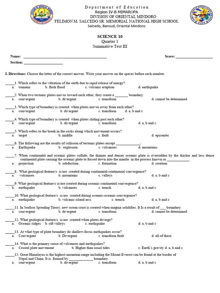 Summative Test 3 Grade 10 Plate Boundaries Module 4 | PDF | Plate ...