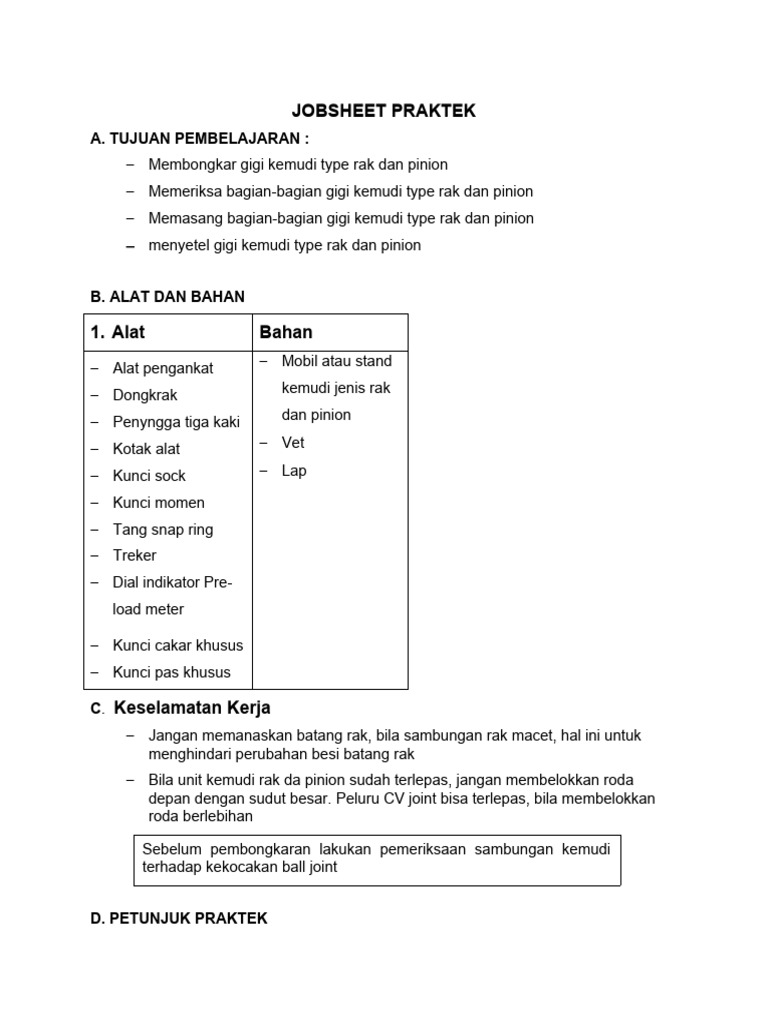 Job Sheet Kemudi Rack and Pinion | PDF