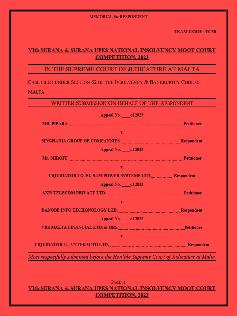 Memorial Submission Respondent | PDF | Bankruptcy | Guarantee