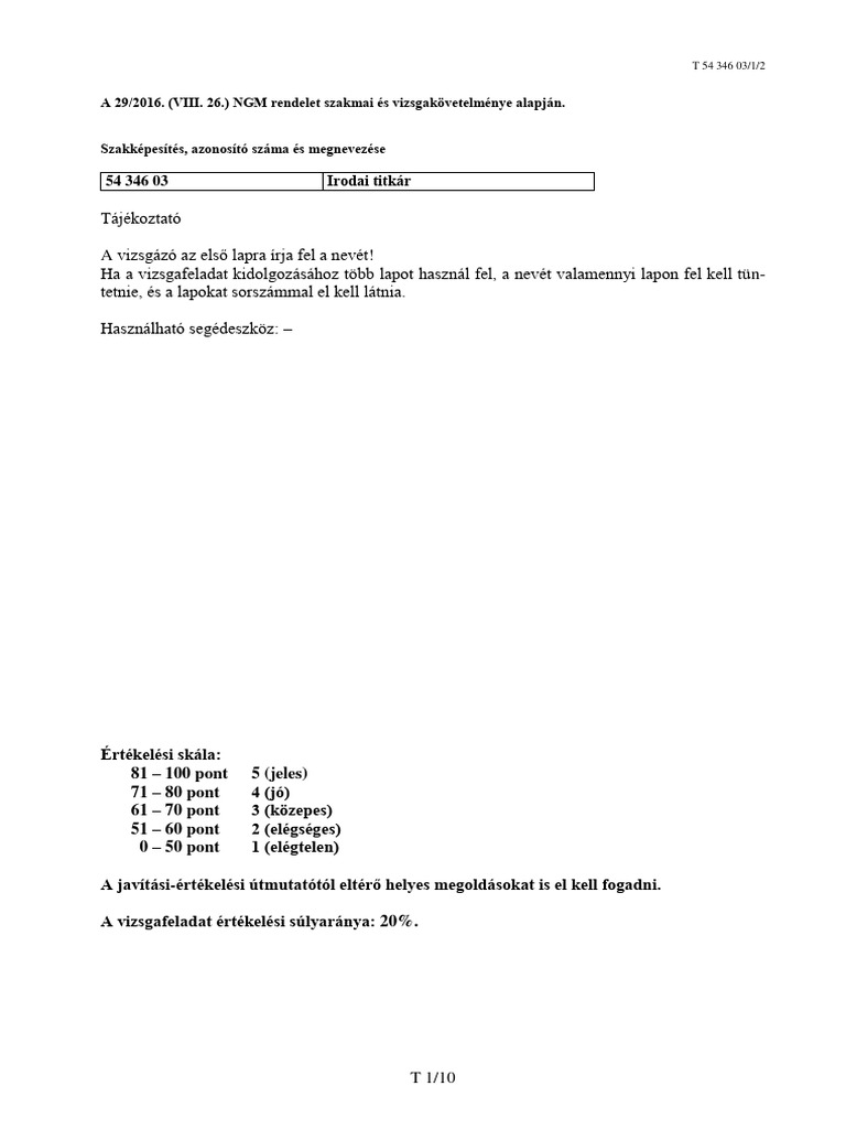 54 346 03 Irodai Titkár: A 29/2016. (VIII. 26.) NGM Rendelet Szakmai És Vizsgakövetelménye ...