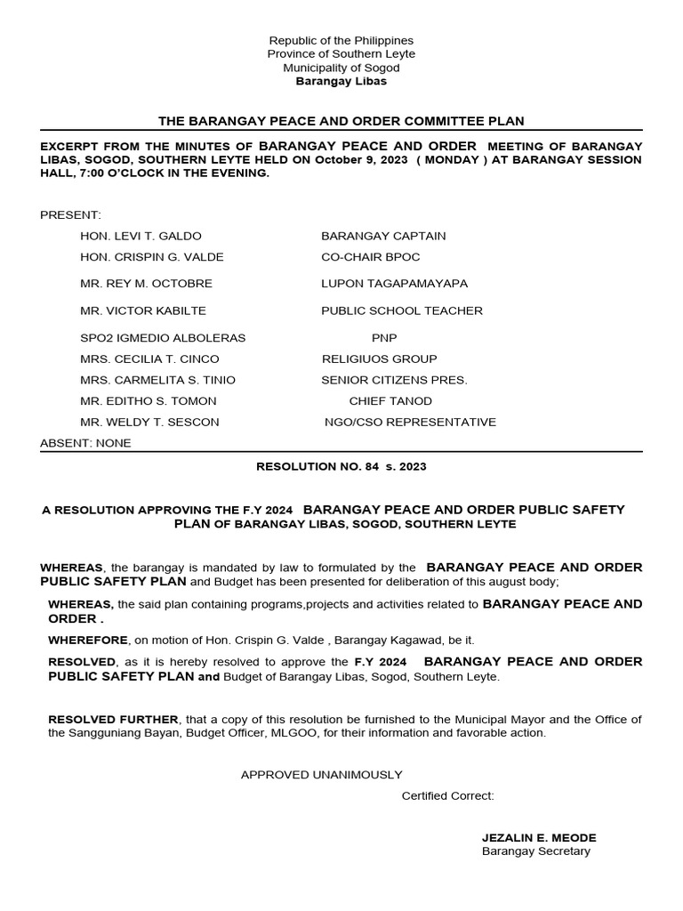 Barangay Libas Peace and Order Plan 2024 | PDF | Government | Philippines