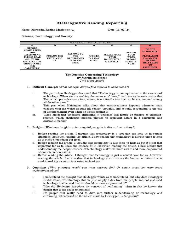 Metacognitive Reading Report - Miranda | PDF | Cognition | Cognitive Science