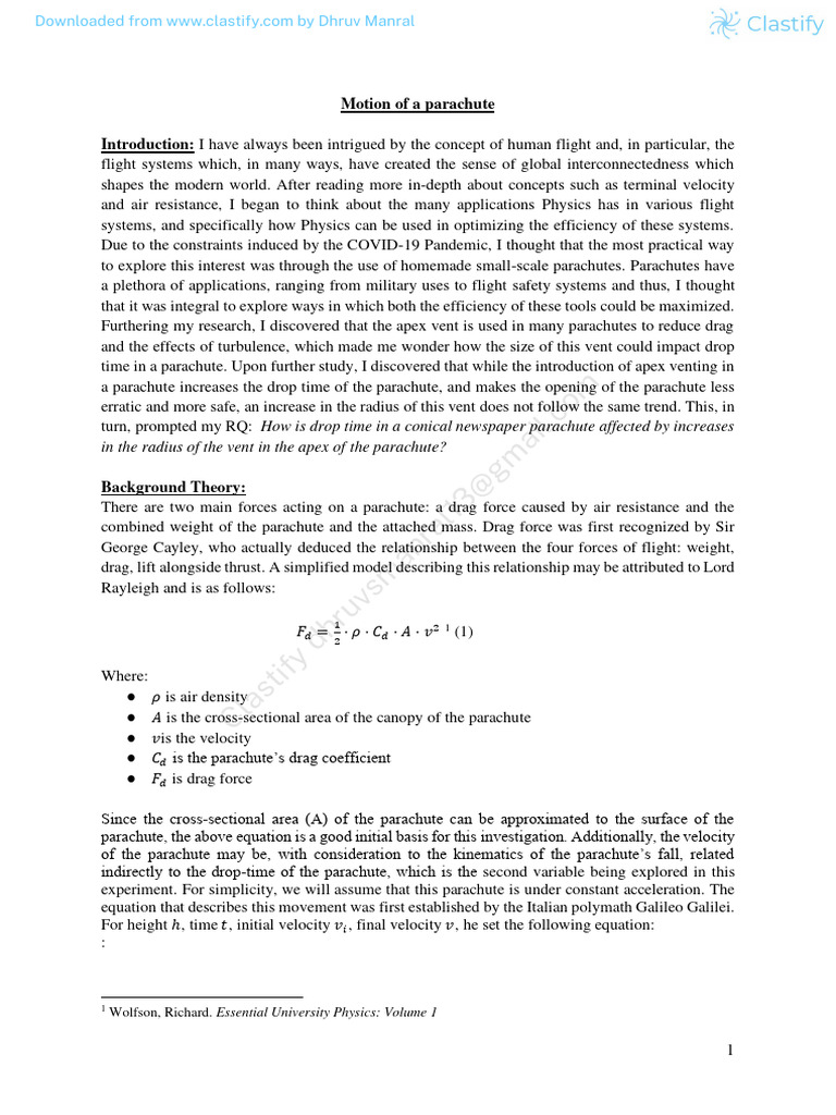 Effects of Apex Vent on Parachute Drop Time | PDF | Parachute | Drag ...