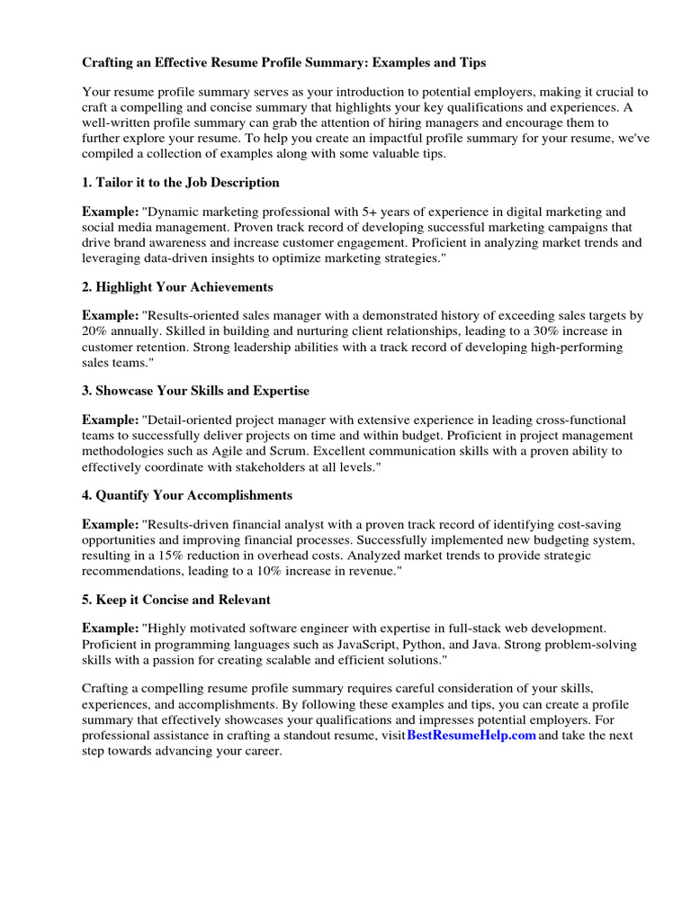 Resume Profile Summary Examples PDF R sum Marketing