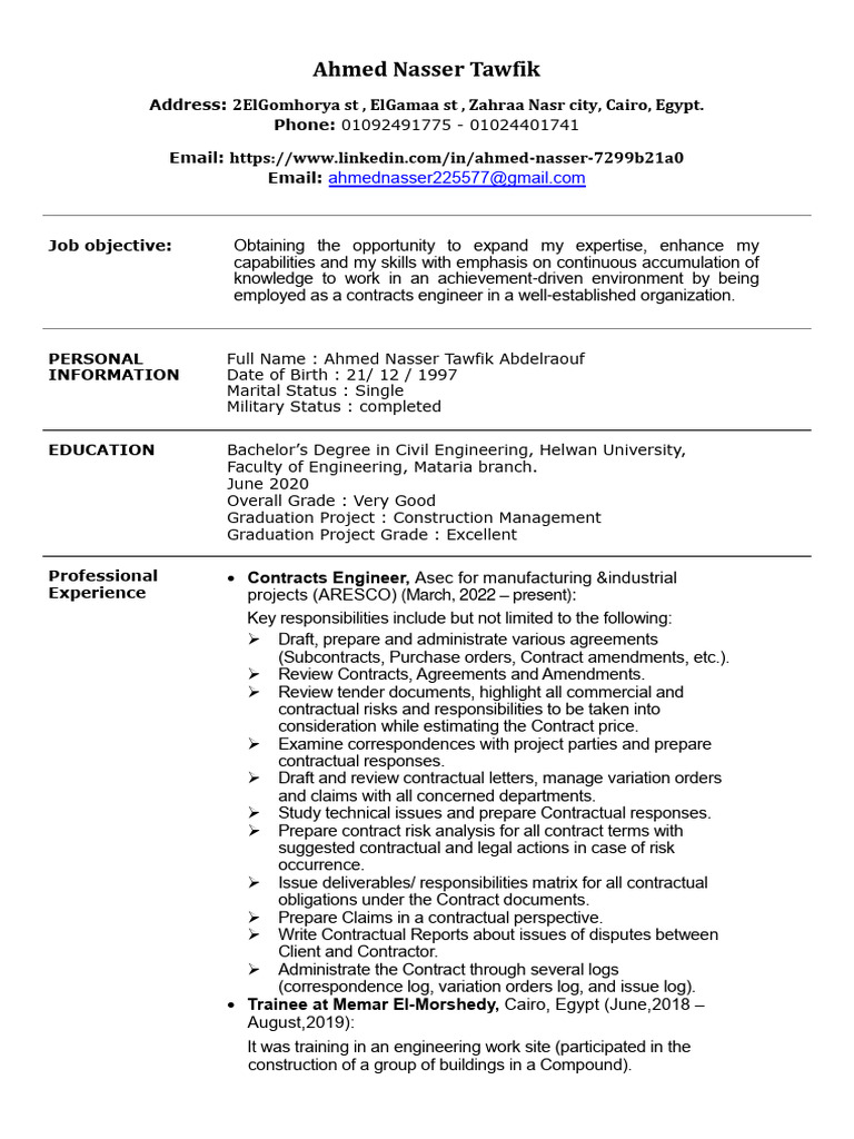 Ahmed Nasser - Contracts Engineer-1 | PDF | Business