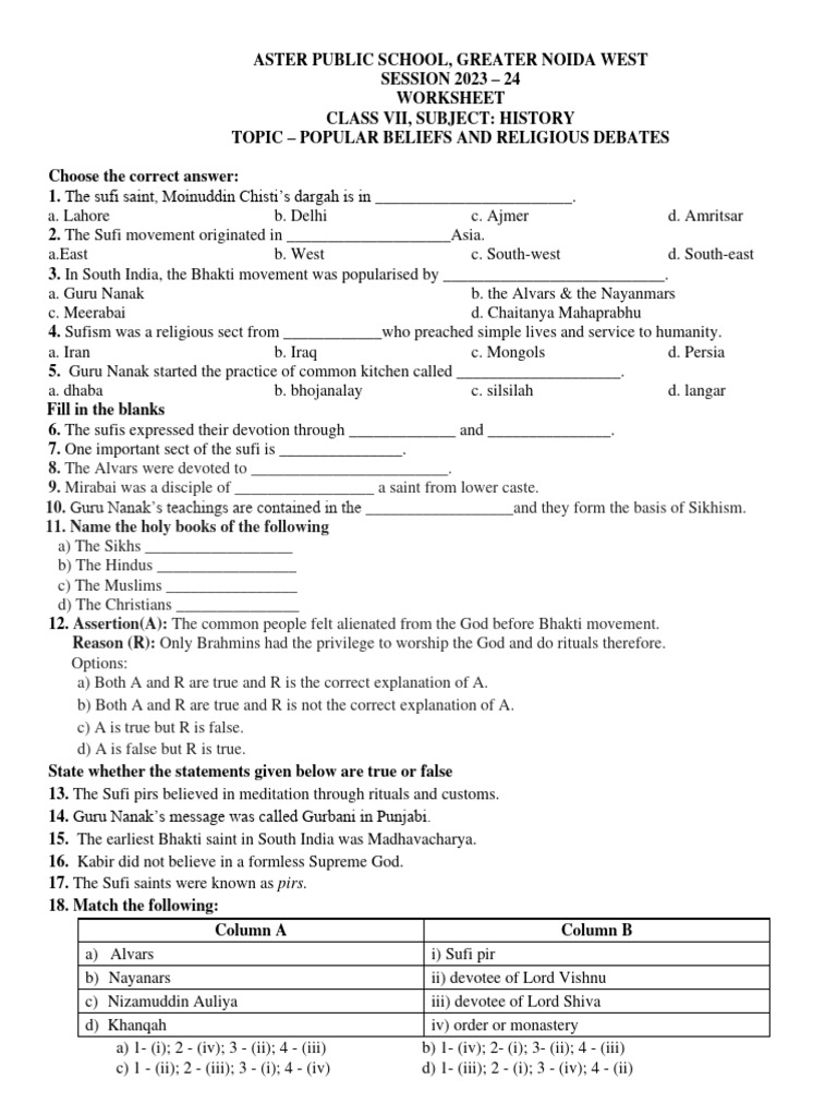 Class 7 History: Beliefs & Debates Worksheet | PDF | Bhakti Movement ...