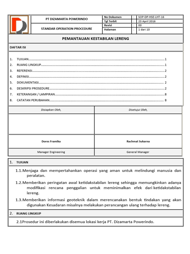 SOP-DP-HSE-LHT-16 - Pemantauan Kestabilan Lereng | PDF