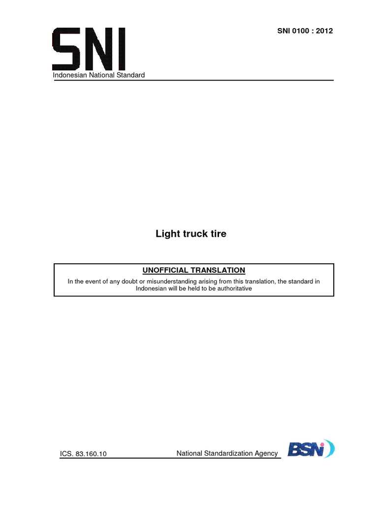 SNI 0100:2012 Light Truck Tire Standards | PDF | Tire | Wheel