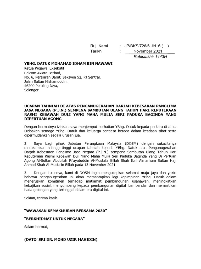 SURAT TAHNIAH - CEO Celcom Axiata | PDF