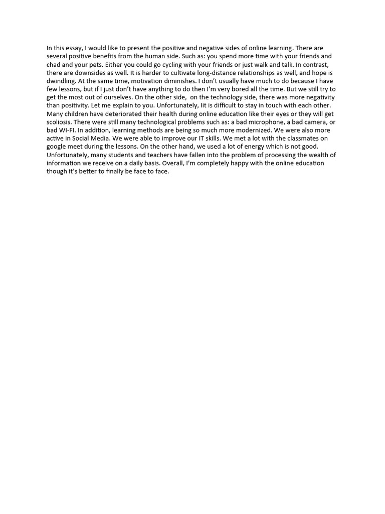 Positive and Negative Side of Online Learning Essay | PDF