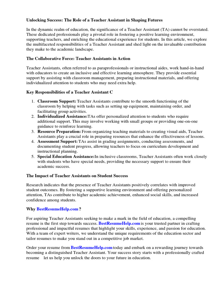 Teacher Assistant Cover Letter Examples | PDF | Teachers | Résumé
