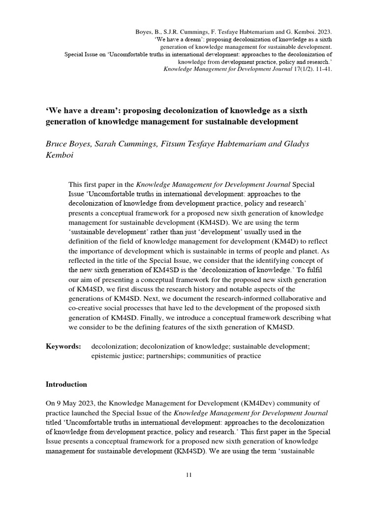 Decolonization of knowledge as a sixth generation of knowledge management for sustainable ...